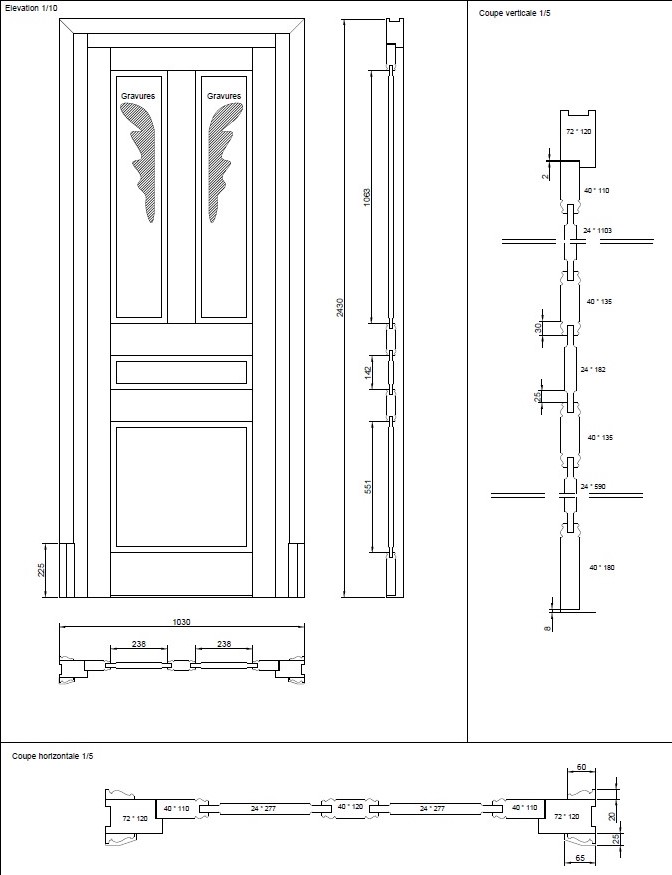 Plan en 2D d’une porte d’intérieur avec gravures sur les panneaux haut ...